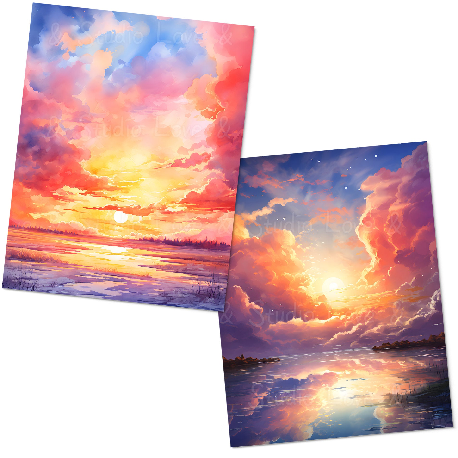 25 Watercolor the Sunset Sky Digital Paper. Fantastic Cloudy Heaven ...