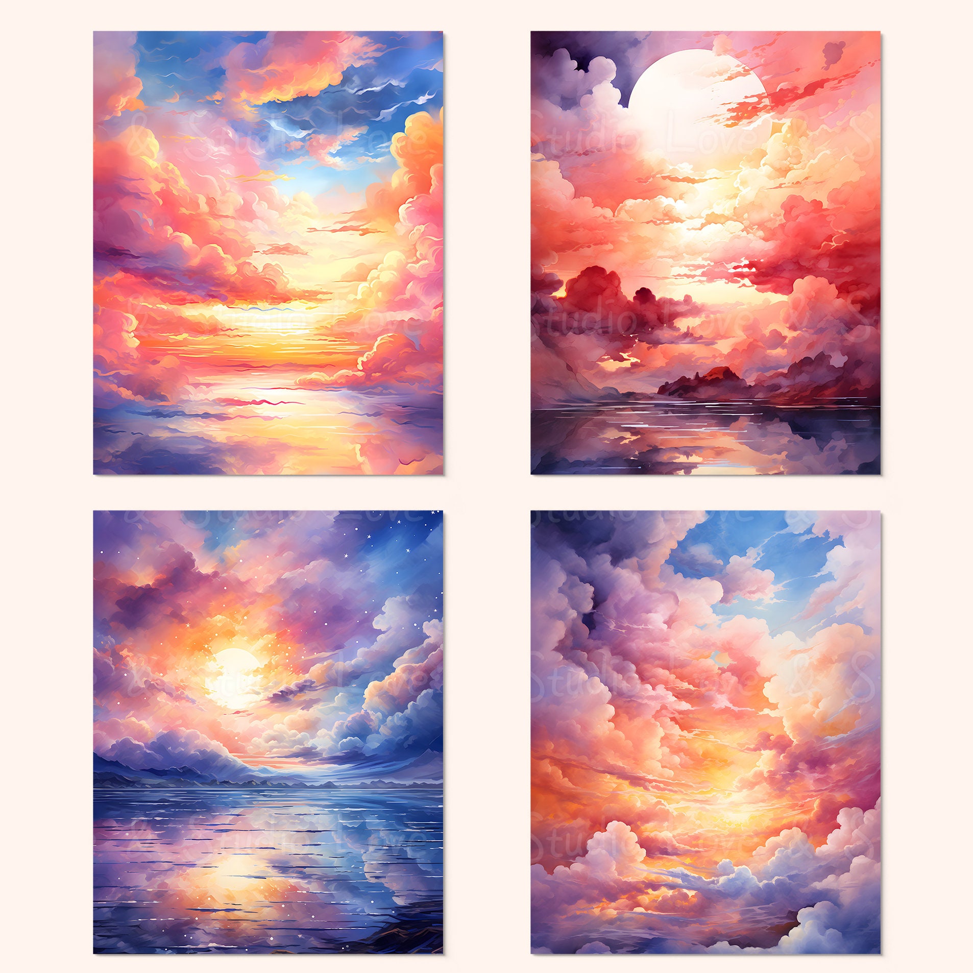 25 Watercolor the Sunset Sky Digital Paper. Fantastic Cloudy Heaven ...