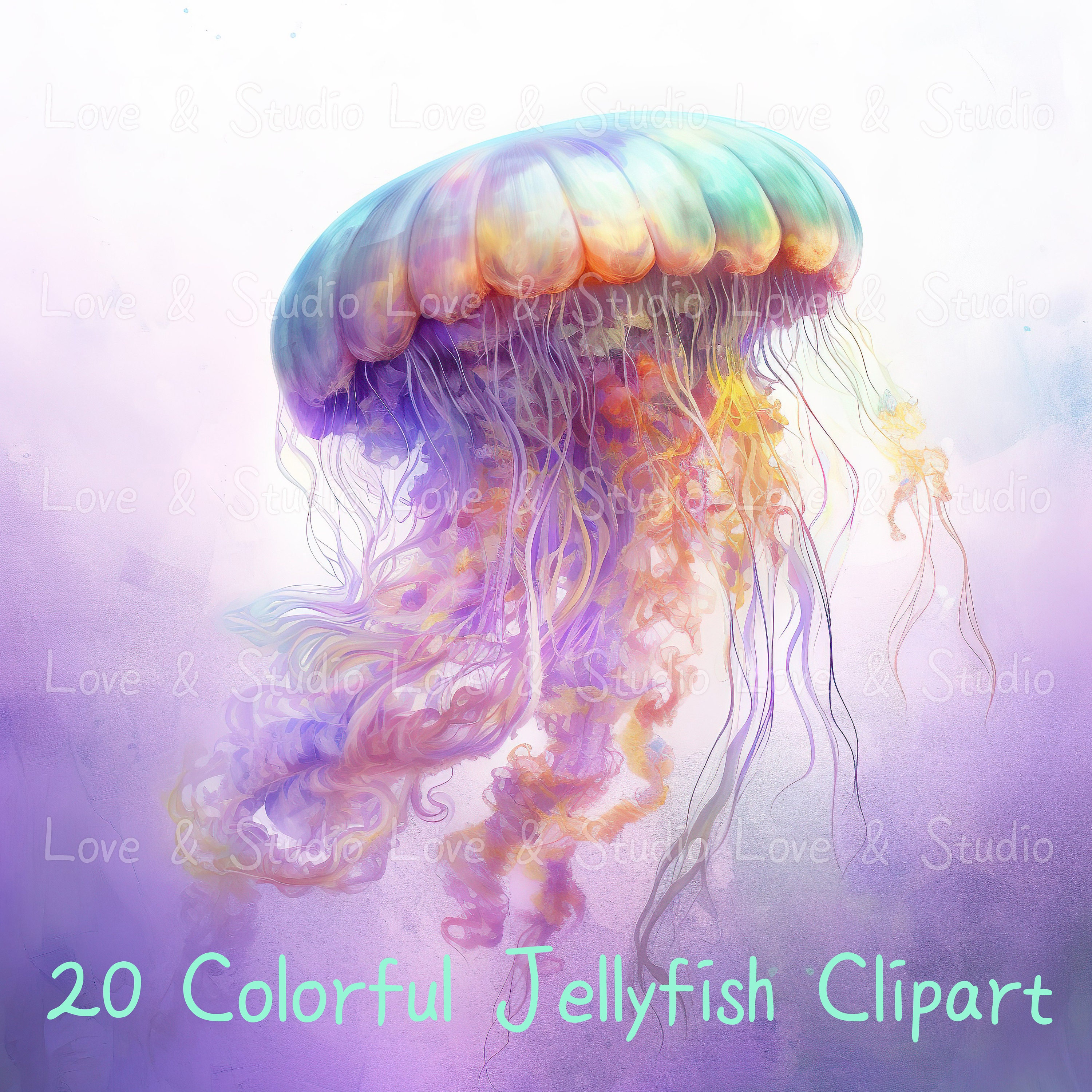 20 Colorful Jellyfish Watercolor Clipart, Digital Illustration, High ...