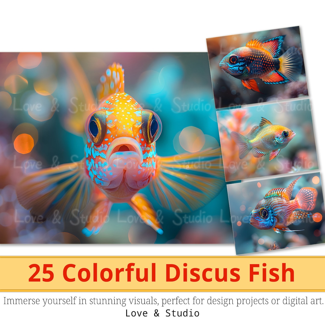 25 Colorful Discus Fish Portrait Digital Paper, Printable Realistic ...