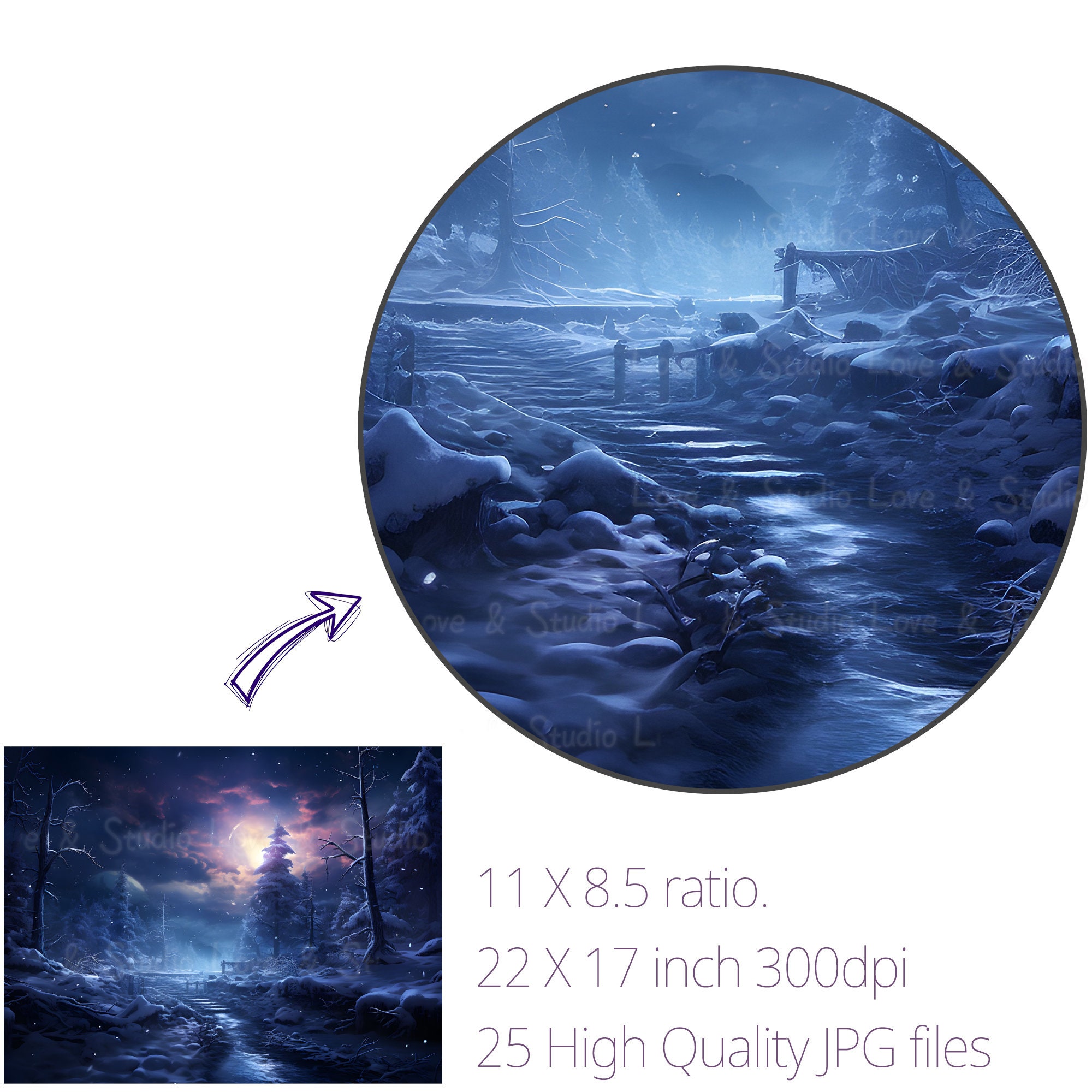 25 Snow Scene Under Moonlight Digital Paper, Fantasy Background ...