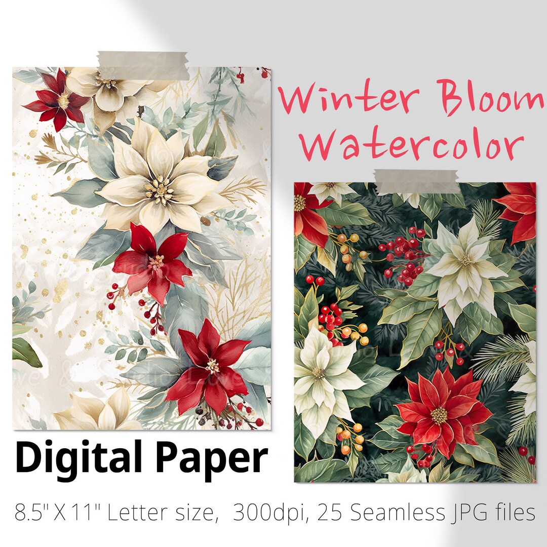 25 Festive Floral Seamless Digital Paper, Winter Bloom in Christmas ...