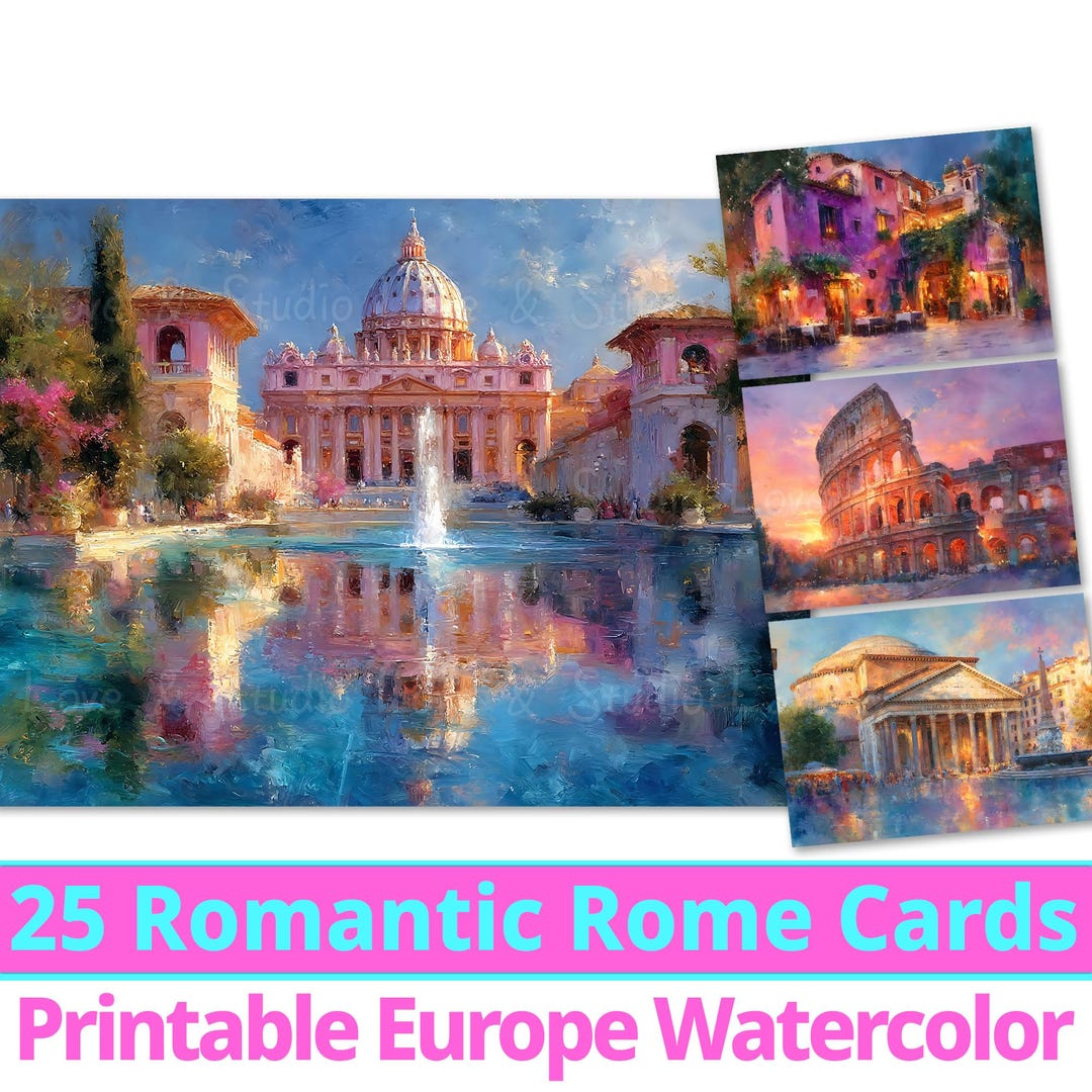 25 Rome, Italy Postcard Digital Paper, Watercolor Landmark Clipart ...