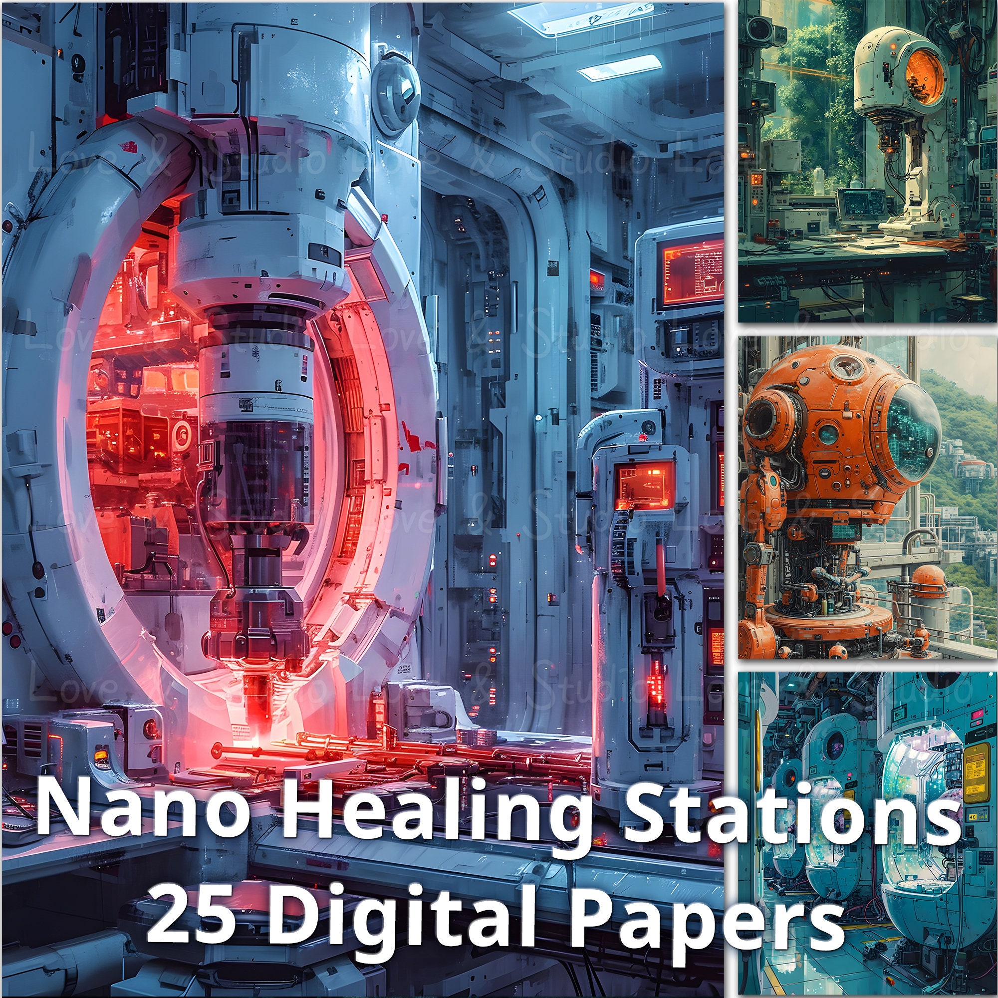 25 Nano Healing Stations Digital Paper, Printable Sci-fi Futuristic ...
