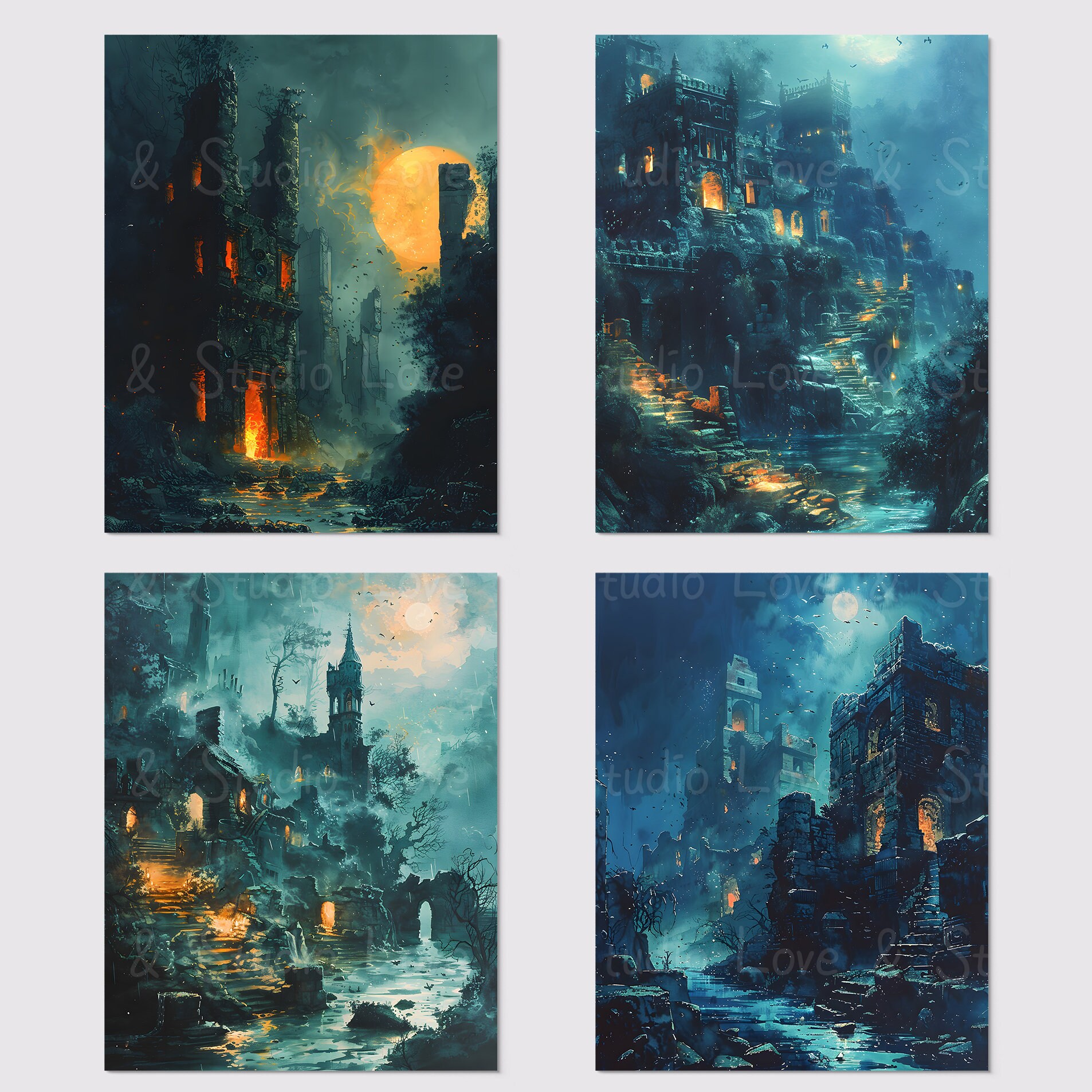 25 Phantasmal Underwater Ruin Digital Paper, Dark Fantasy Backdrop ...