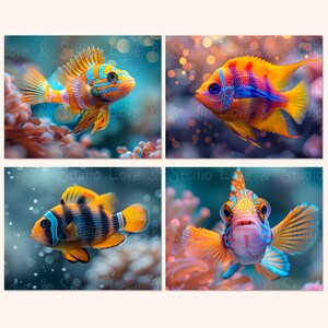 25 Colorful Striped Dancing Fish Portrait Digital Paper, Printable ...