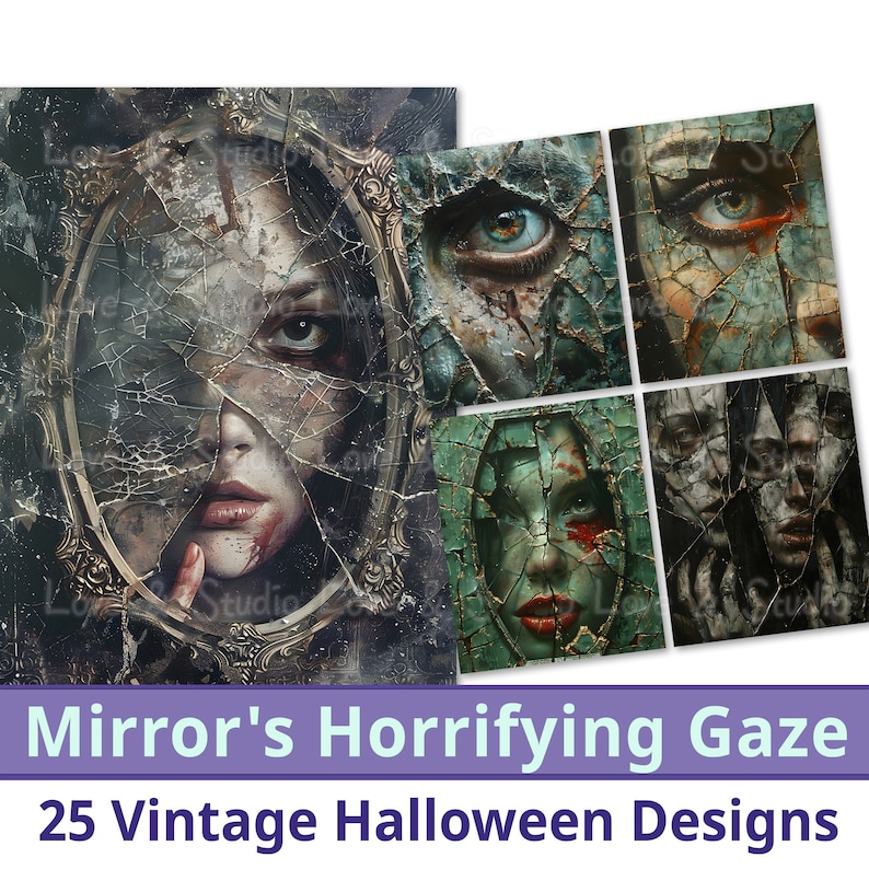 25 Mirror's Horrifying Gaze Digital Paper, Printable Vintage Halloween ...