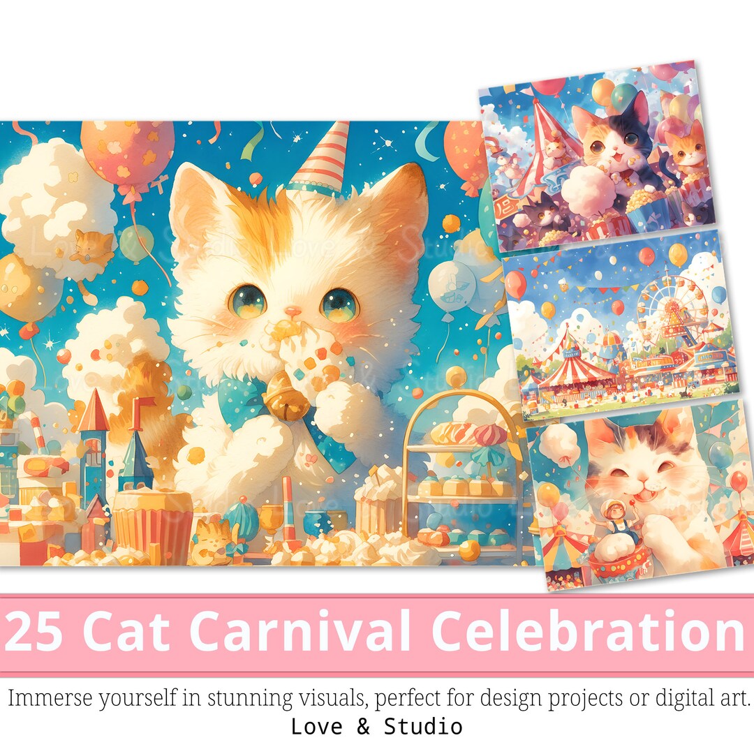 25 Cat Carnival Celebration Digital Paper, Whimsical Feline Digital ...