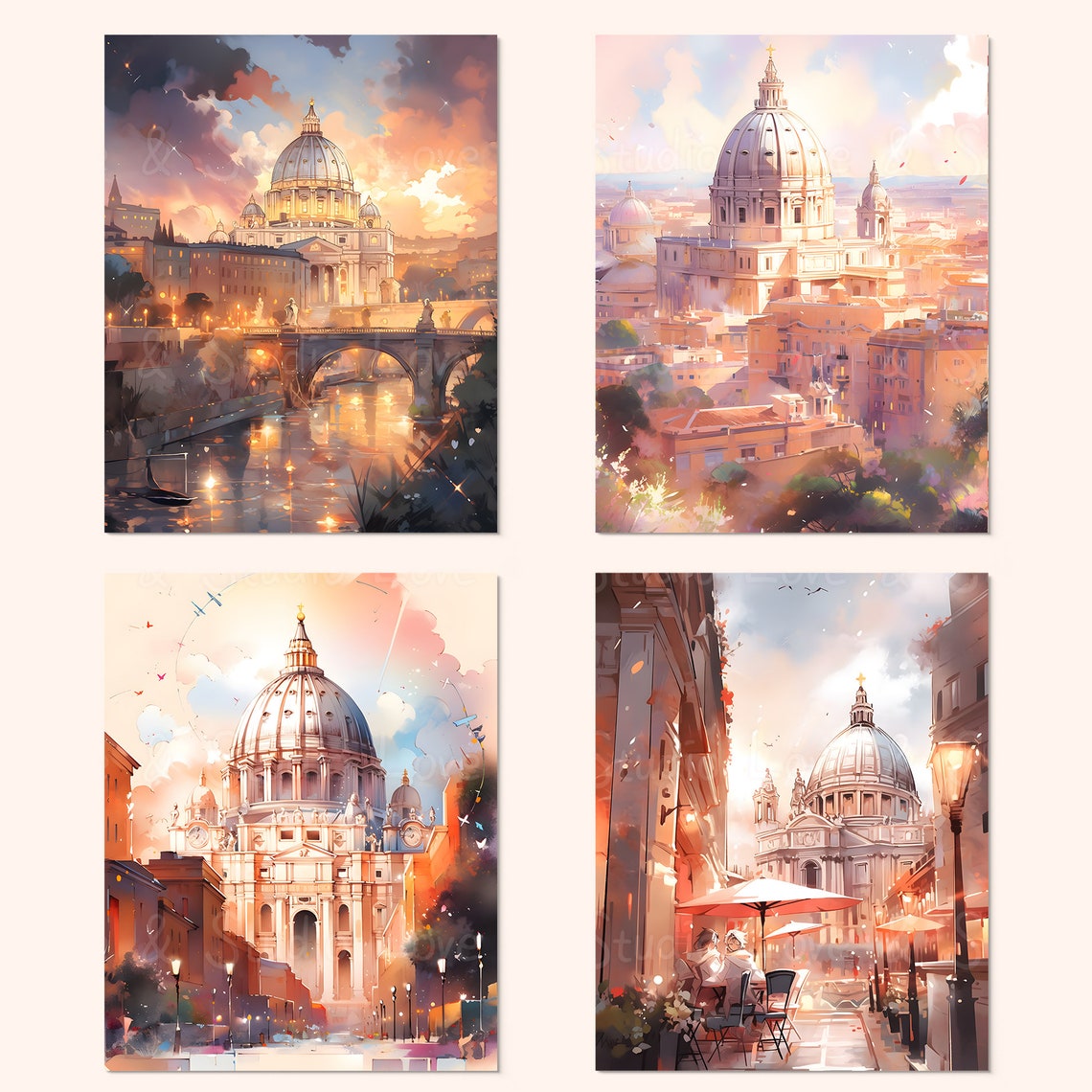 25 Rome, Italy Digital Paper, Watercolor Vatican City View Clipart, Old ...