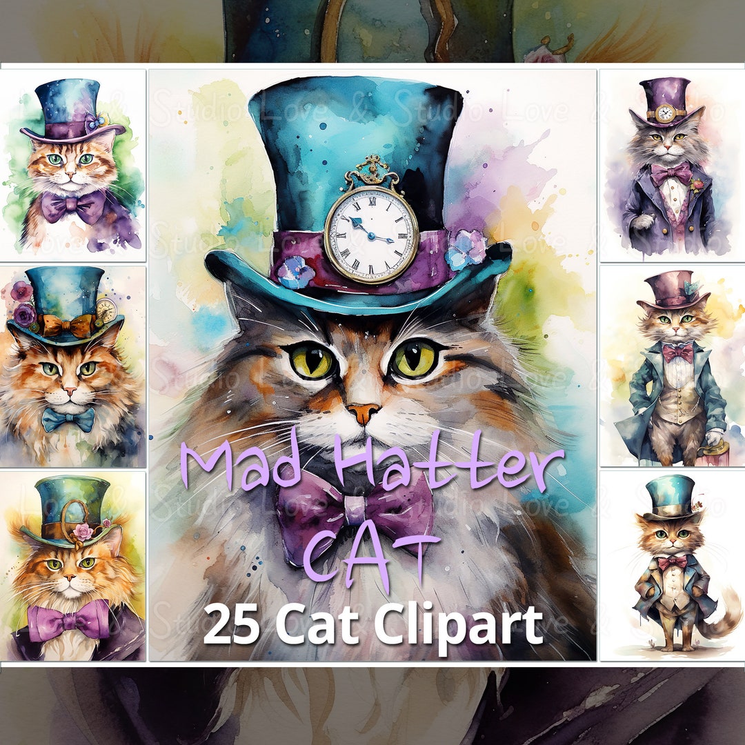 25 Mad Hatter Cat Clipart. Cat in Wonderland Print. Halloween Party ...