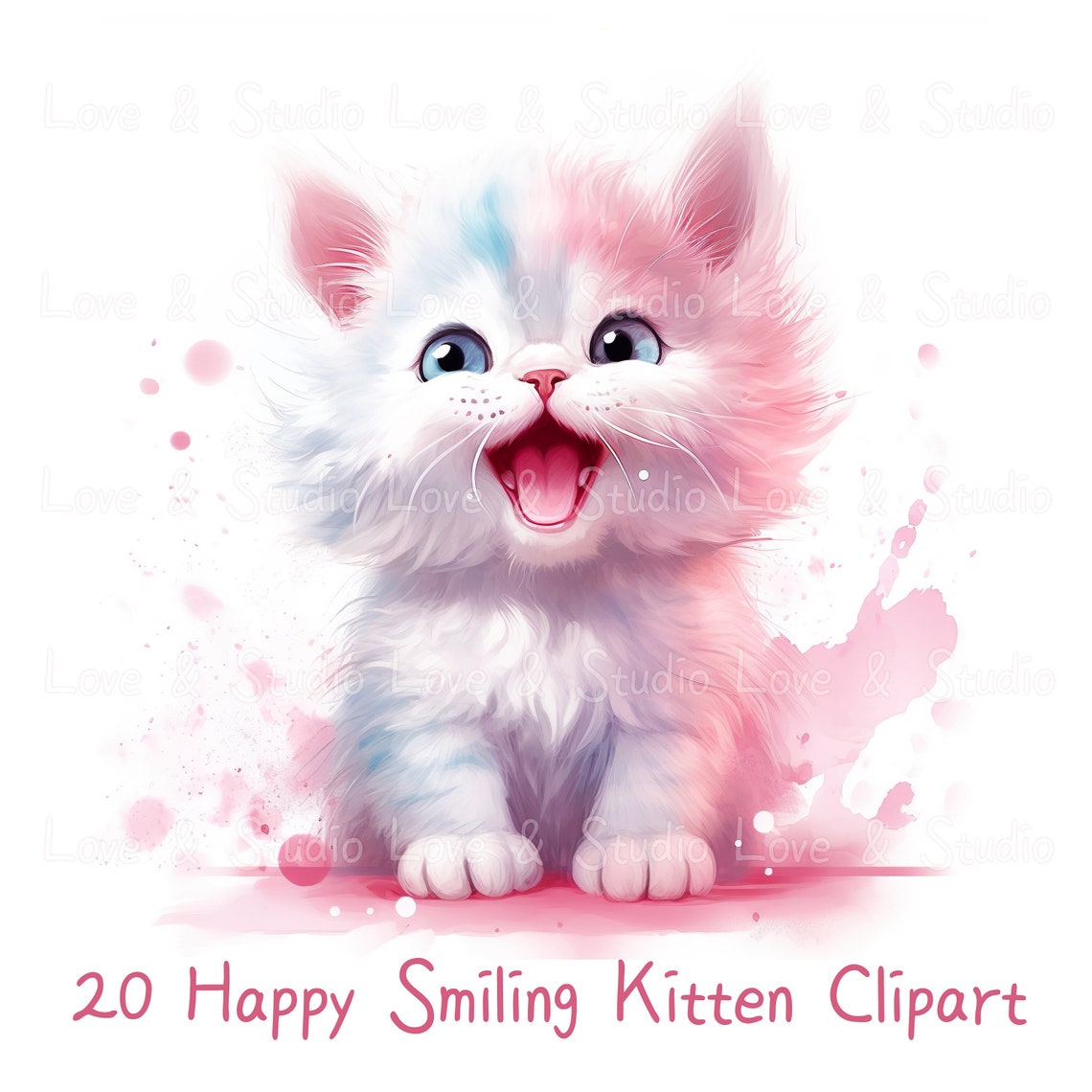 20 Smiling Happy Kitten Clipart, Digital Cat Watercolor, High-quality ...
