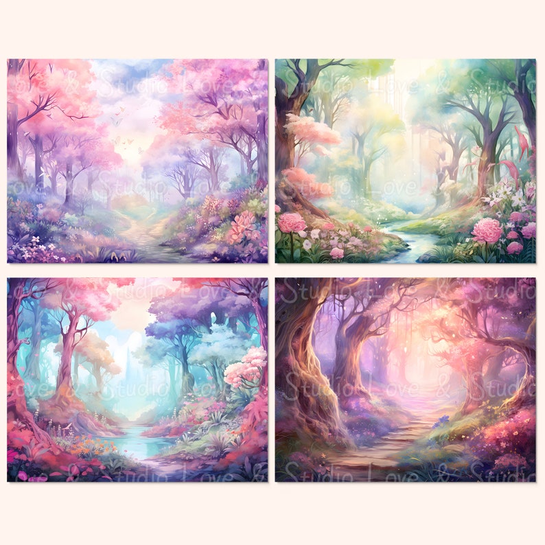 25 Pastel Enchanted Fairy Forest Digital Paper, Horizontal Type. Soft ...