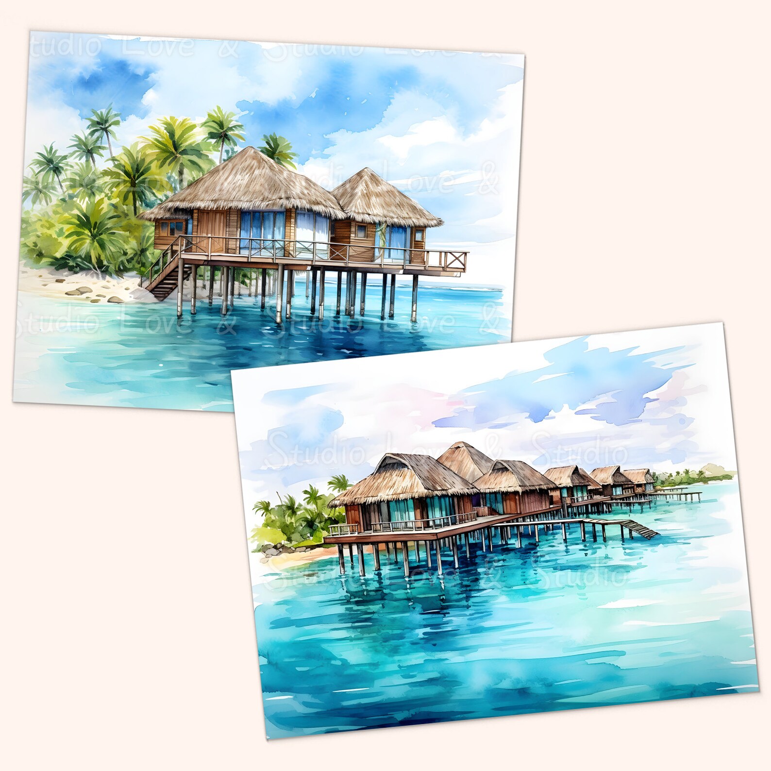 25 Maldives Beach Bungalows Digital Paper, Watercolor With Pen Brush ...