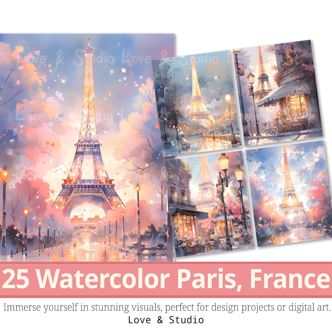 25 Paris, France Digital Paper, Watercolor the Eiffel Tower Clipart ...