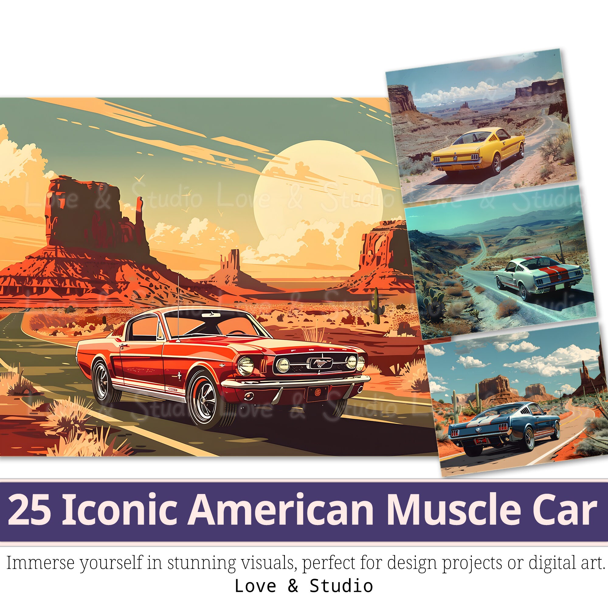 25 Iconic American Muscle Car Digital Paper, Printable Romantic Vehicle ...