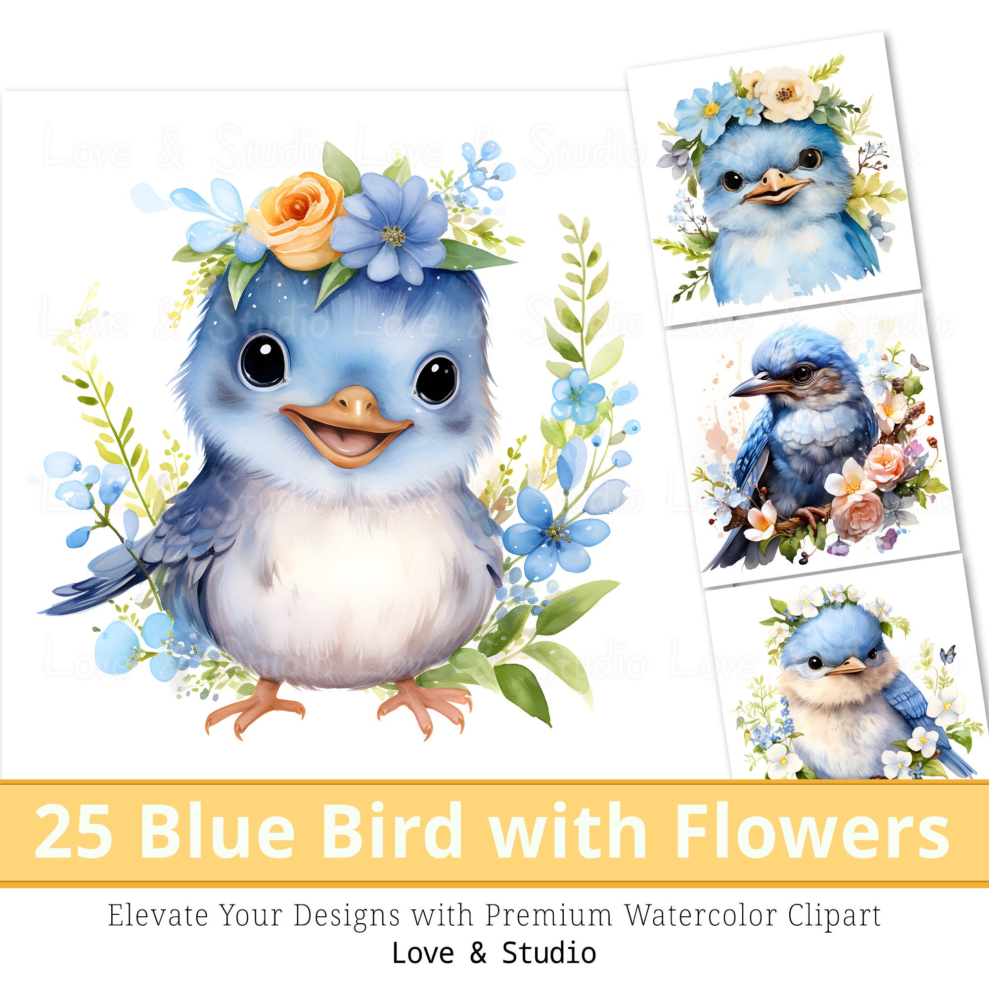 25 Baby Blue Bird With Flowers Clipart, Watercolor Happy Smiling Bird ...