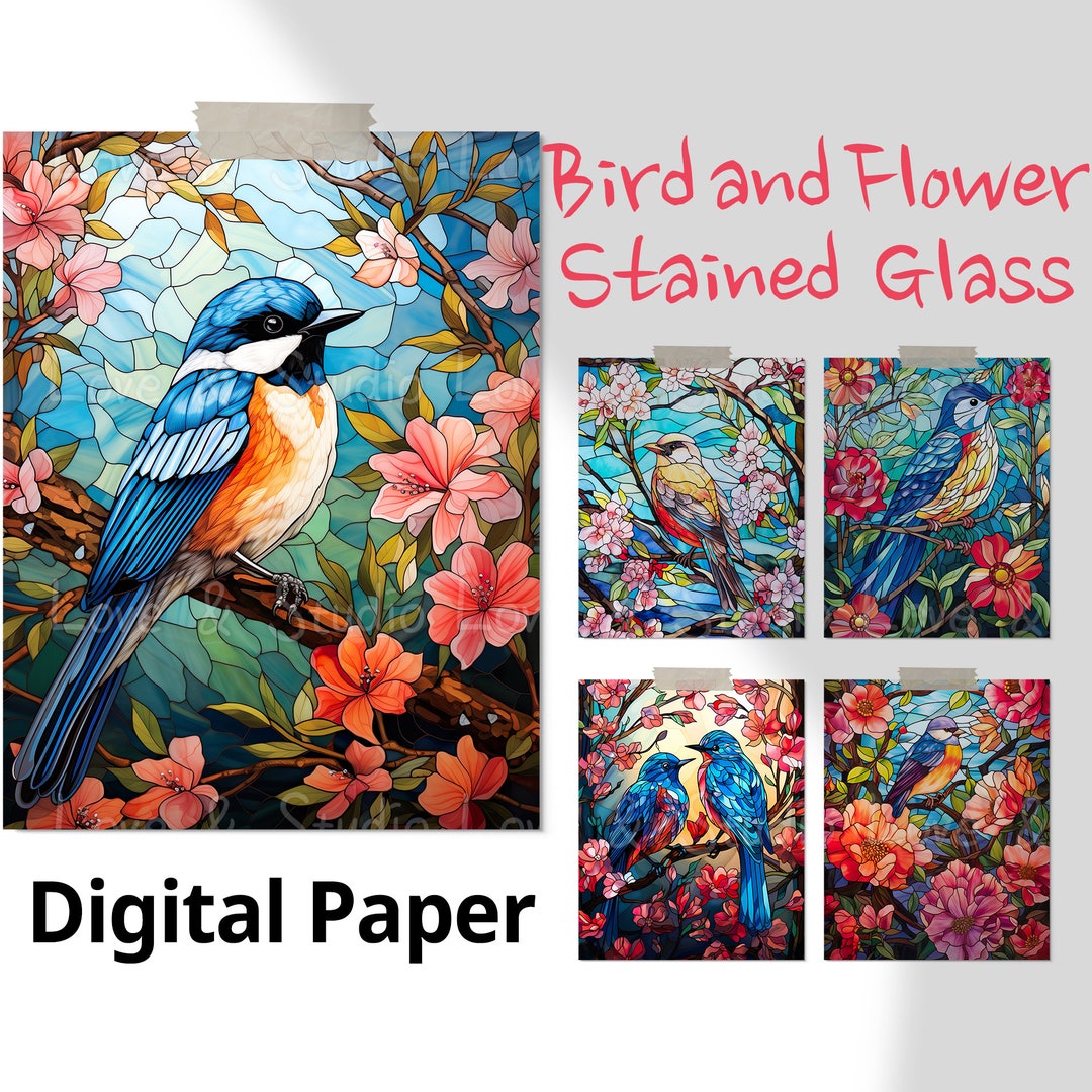 25 Bird and Flower Stained Glass Digital Paper. Nature's Mosaic ...