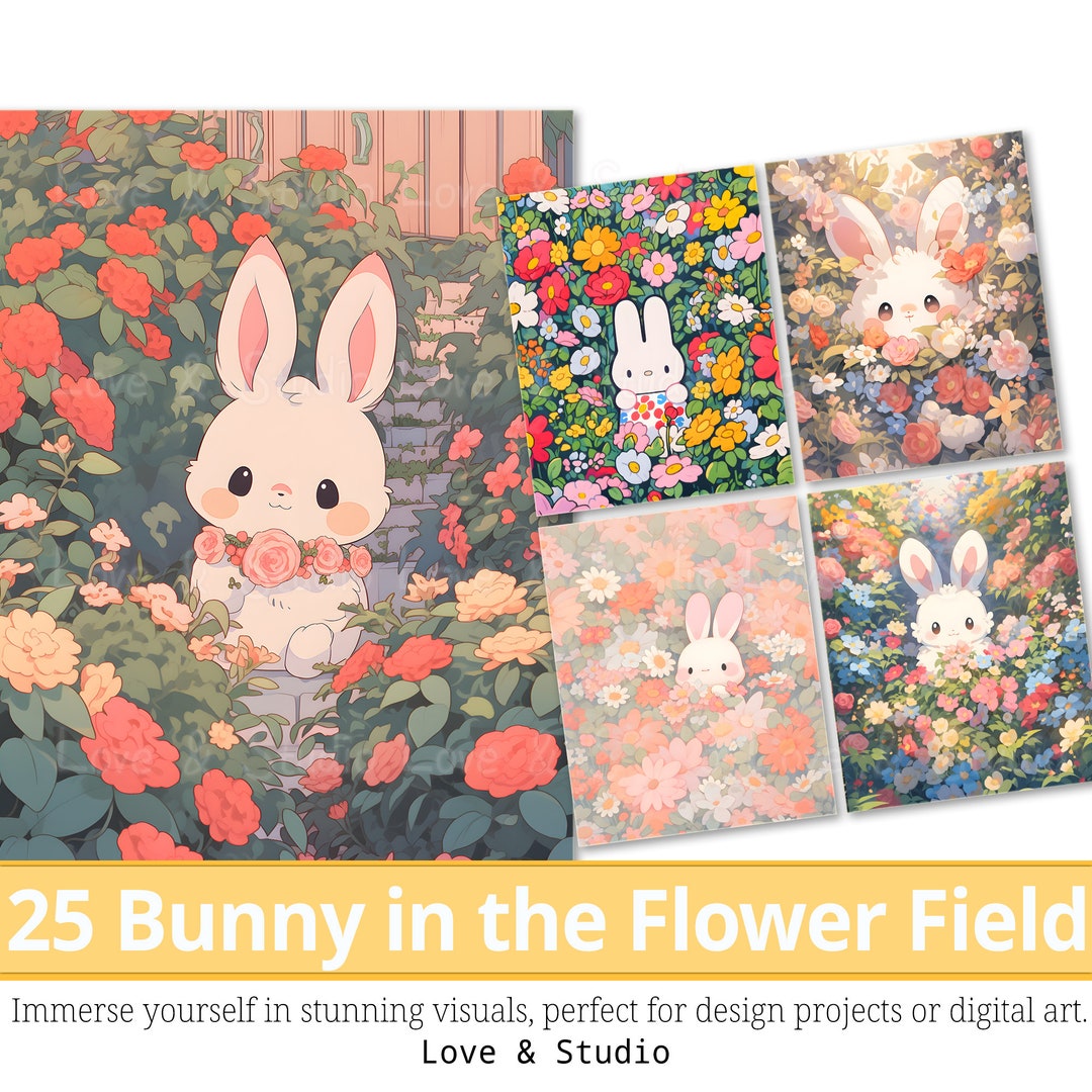 25 Bunny in the Flower Field Clipart, Pastel Floral Digital Paper, Cute ...