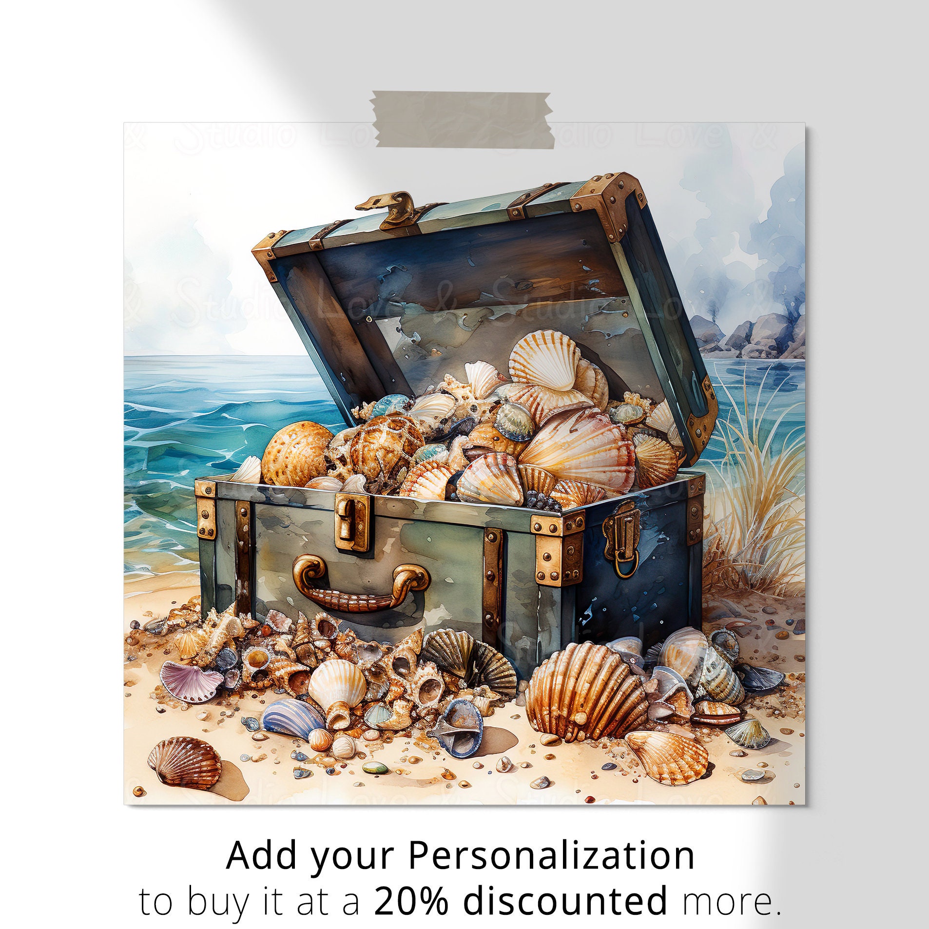 25 Seashells With Treasure Chest Clipart, Ocean Watercolor Printable ...