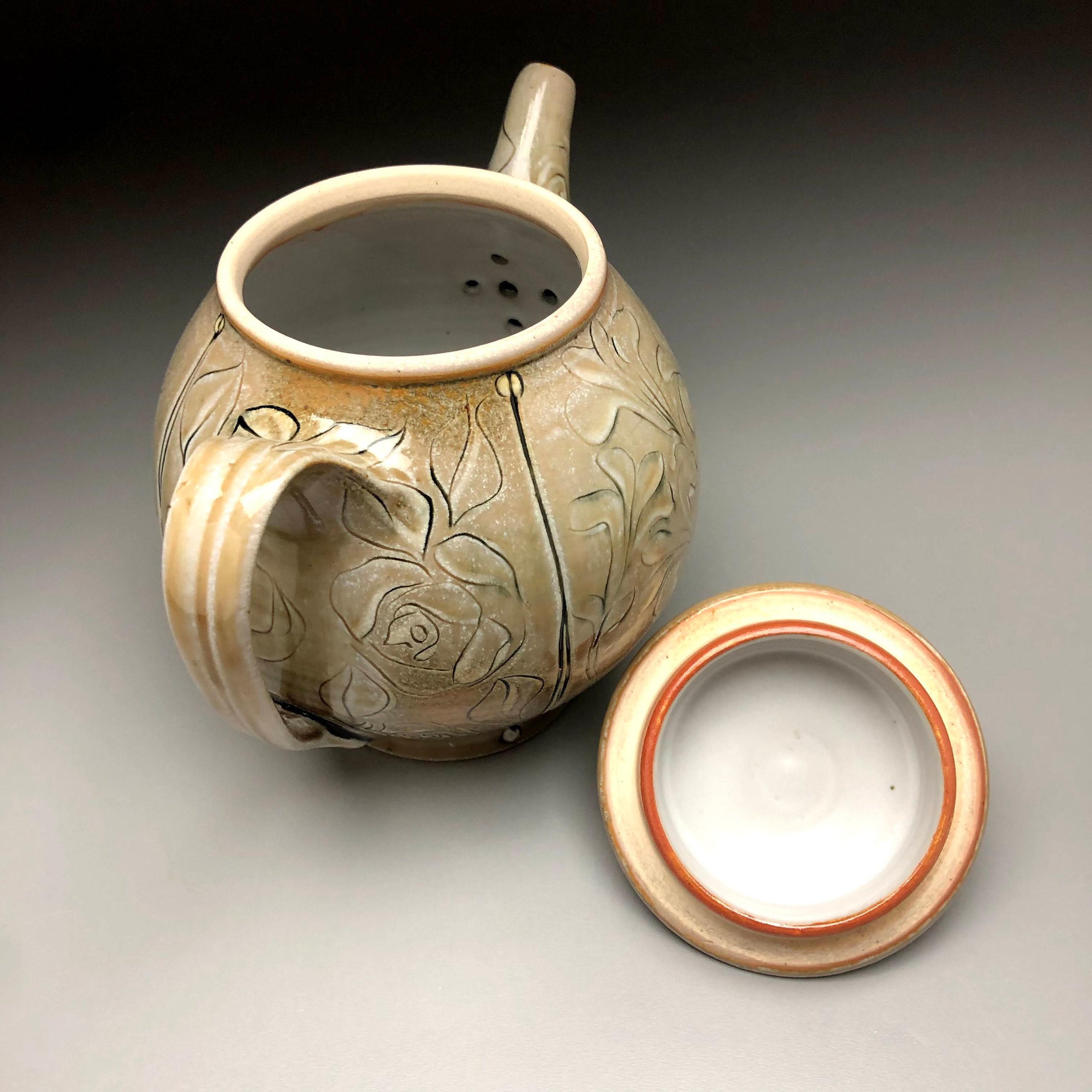 Wheel Thrown Teapot Hand Painted Floral Design Ceramic | Etsy