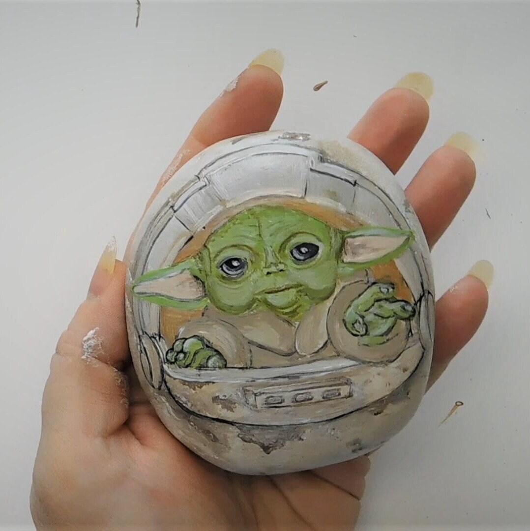 Baby Yodaaka Grogu in Crib Pod Fanart on Painted Rock. - Etsy