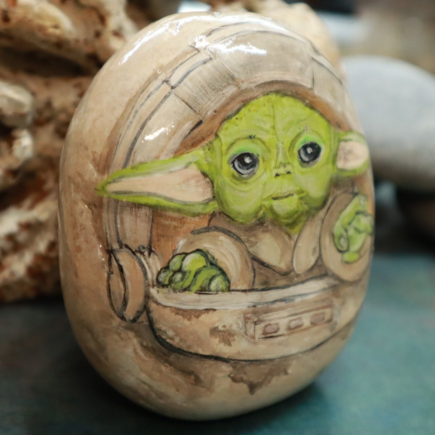 Baby Yodaaka Grogu in Crib Pod Fanart on Painted Rock. - Etsy