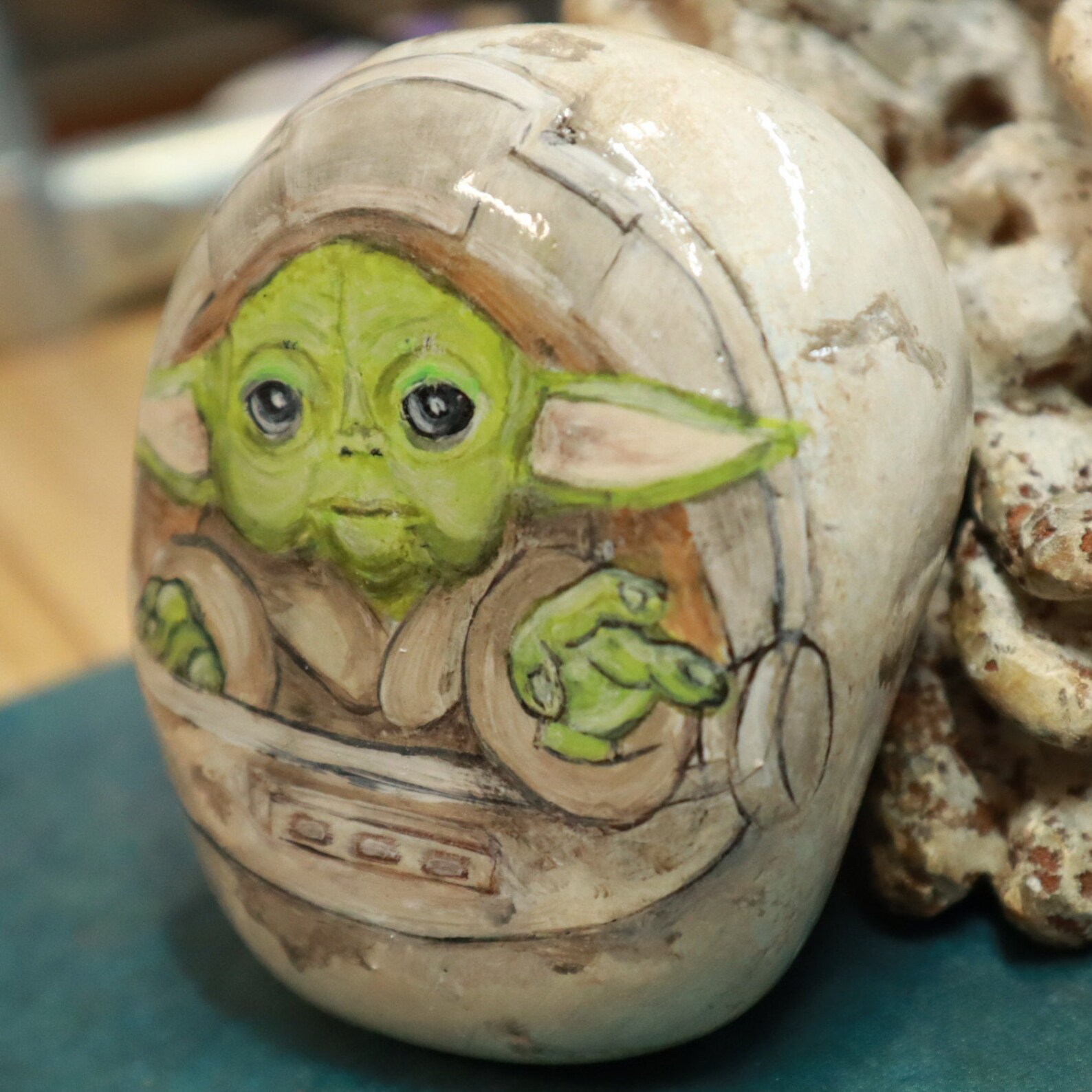 Baby Yoda(aka Grogu) in Crib Pod Fanart on Painted Rock. - Etsy