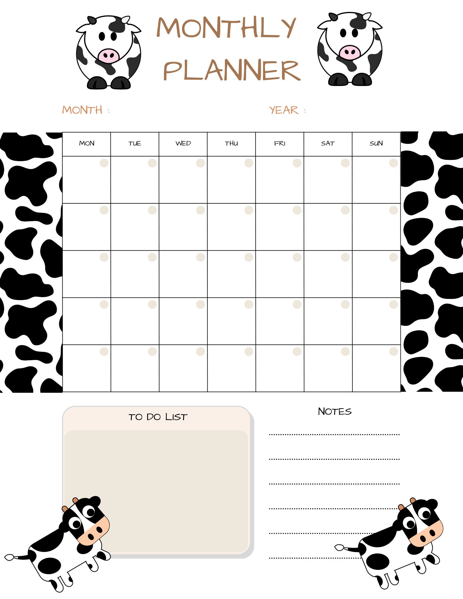 Monthly Planner and To-do List Cow Theme - Etsy