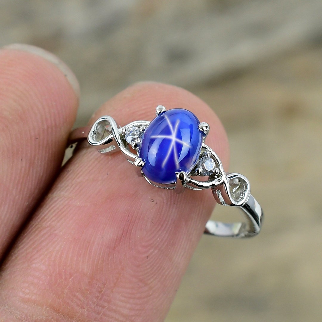 Blue Lindy Star Sapphire & Moissanite Solid 925 Sterling Silver Ring ...