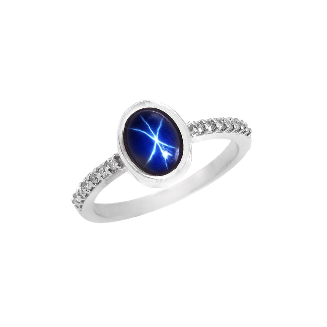 Blue Lindy Star Sapphire Ring, Moissanite Ring, Solid 925 Sterling ...