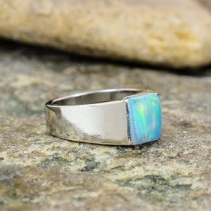 Blue Fire Opal Ring, 925 Sterling Silver Ring, Unisex Ring, Birthday Gift, Opal Ring, Cabochon ...