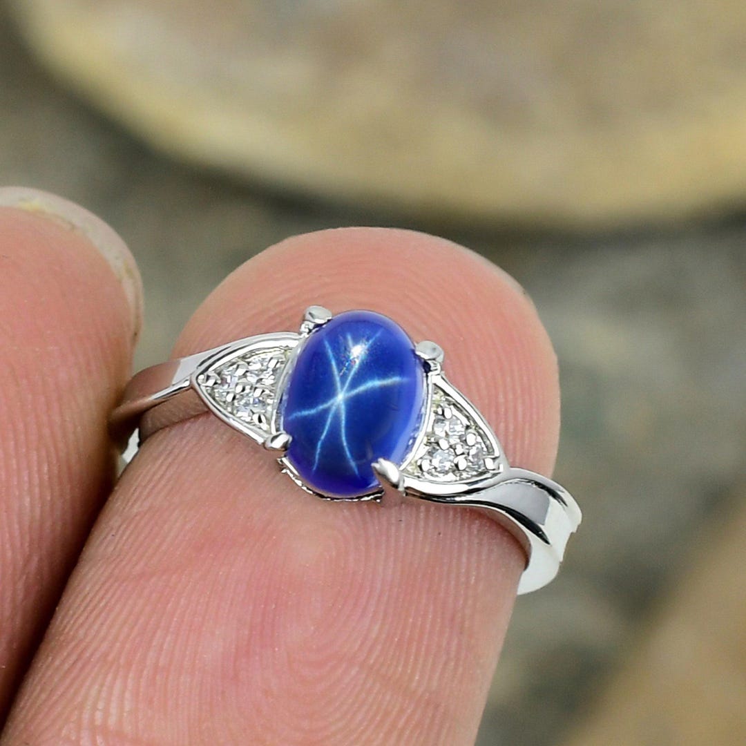 Genuine Blue Star Sapphire Ring, Moissanite Ring, 925 Sterling Silver ...