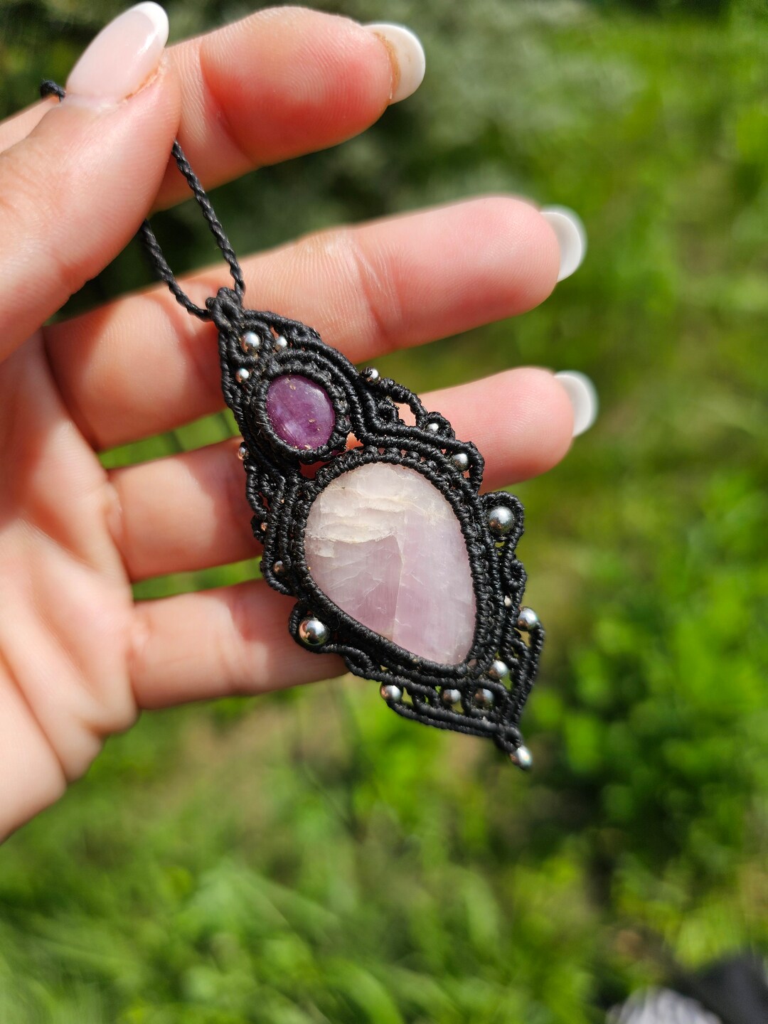 Black Macrame Pendant With Star Ruby and Kunzite - Etsy