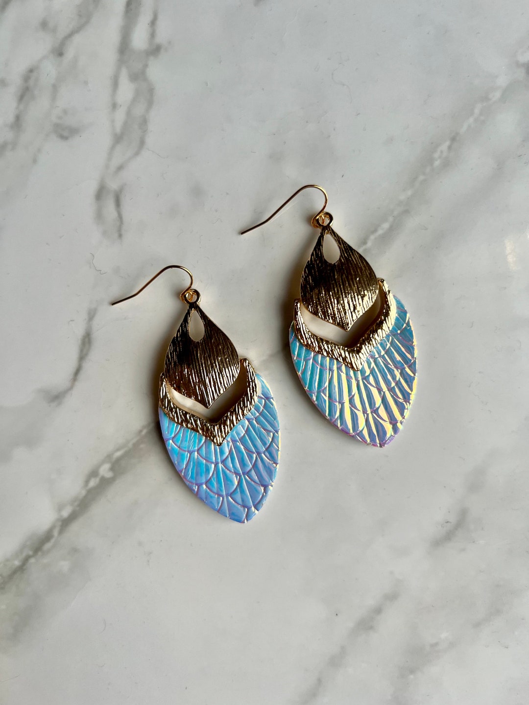 Iridescent Leather Fish Scale + Gold Fashion Earrings - Etsy