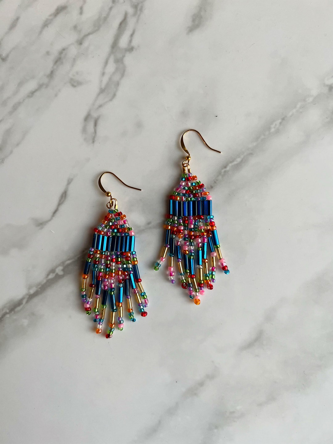 Rainbow Teal Beaded Fringe Mini Statement Earrings - Etsy