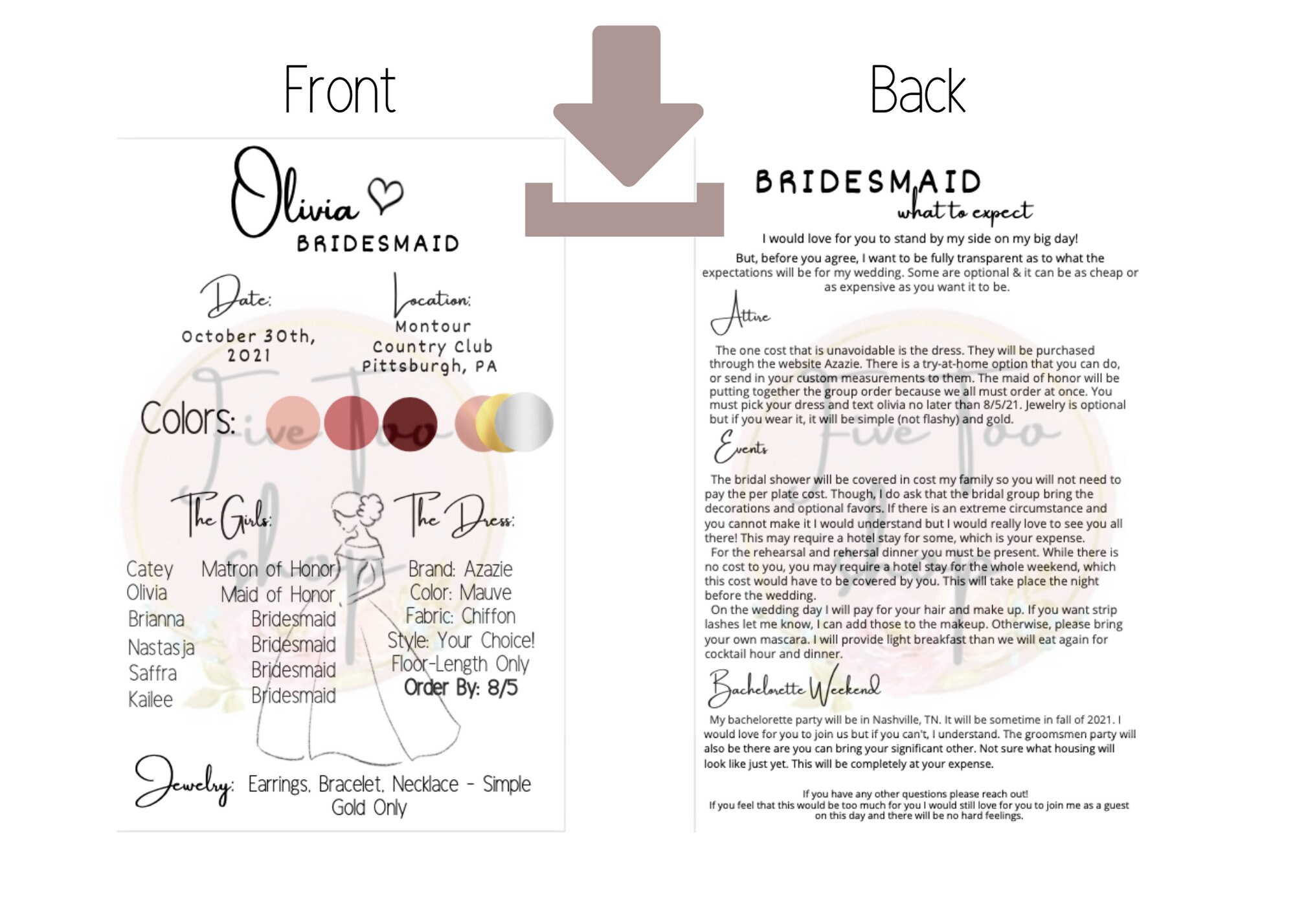 DIY PRINTABLE Bridesmaid Expectations Checklist Card Template - Etsy