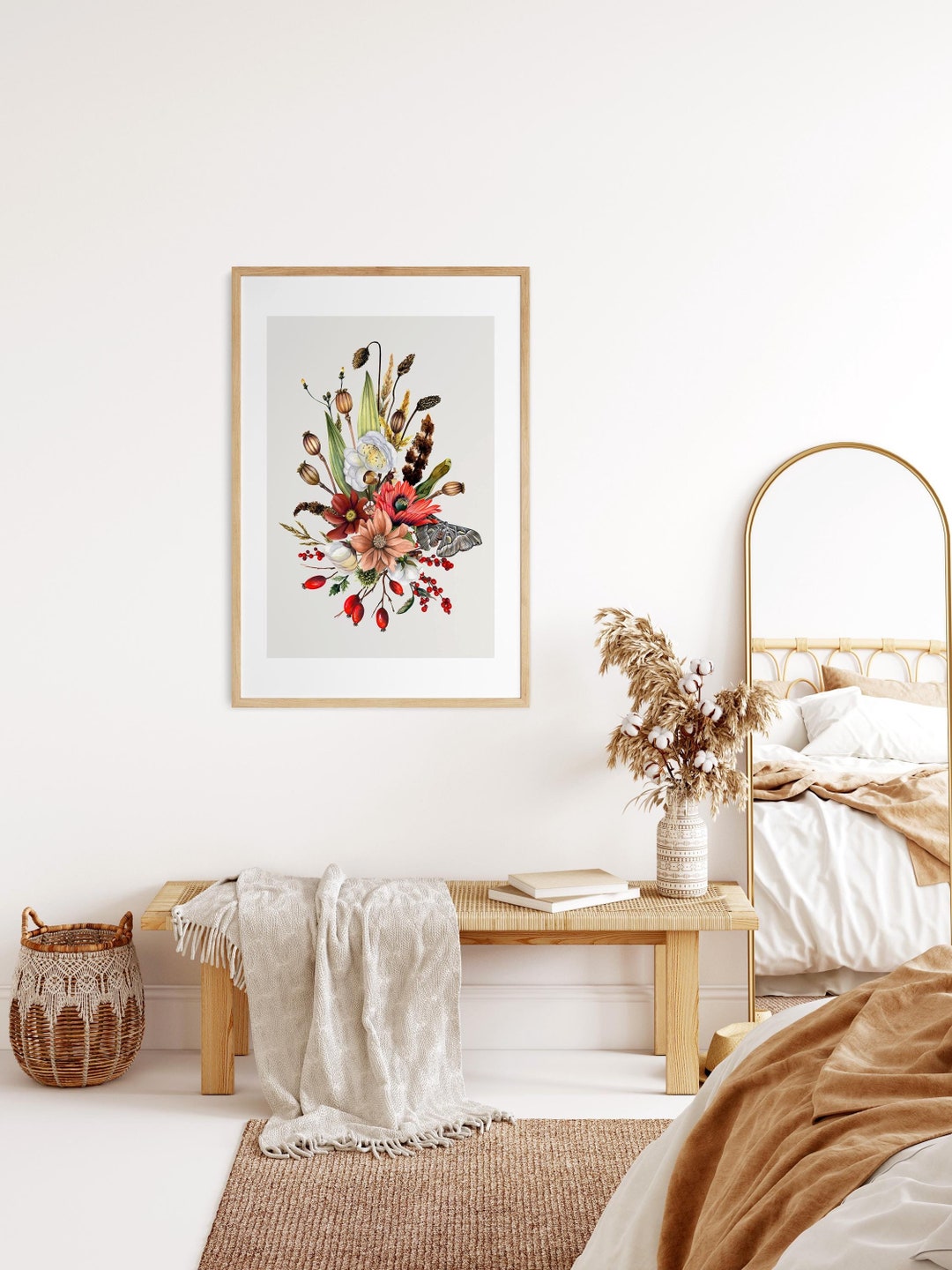 Autumn Floral Art Print, Fall Watercolor Bouquet Print, Boho Plant Wall ...