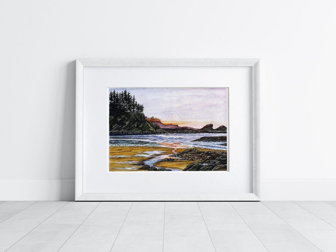 Purple Sunset Coastal Painting, A4 Original Watercolour, Rocky Beach ...