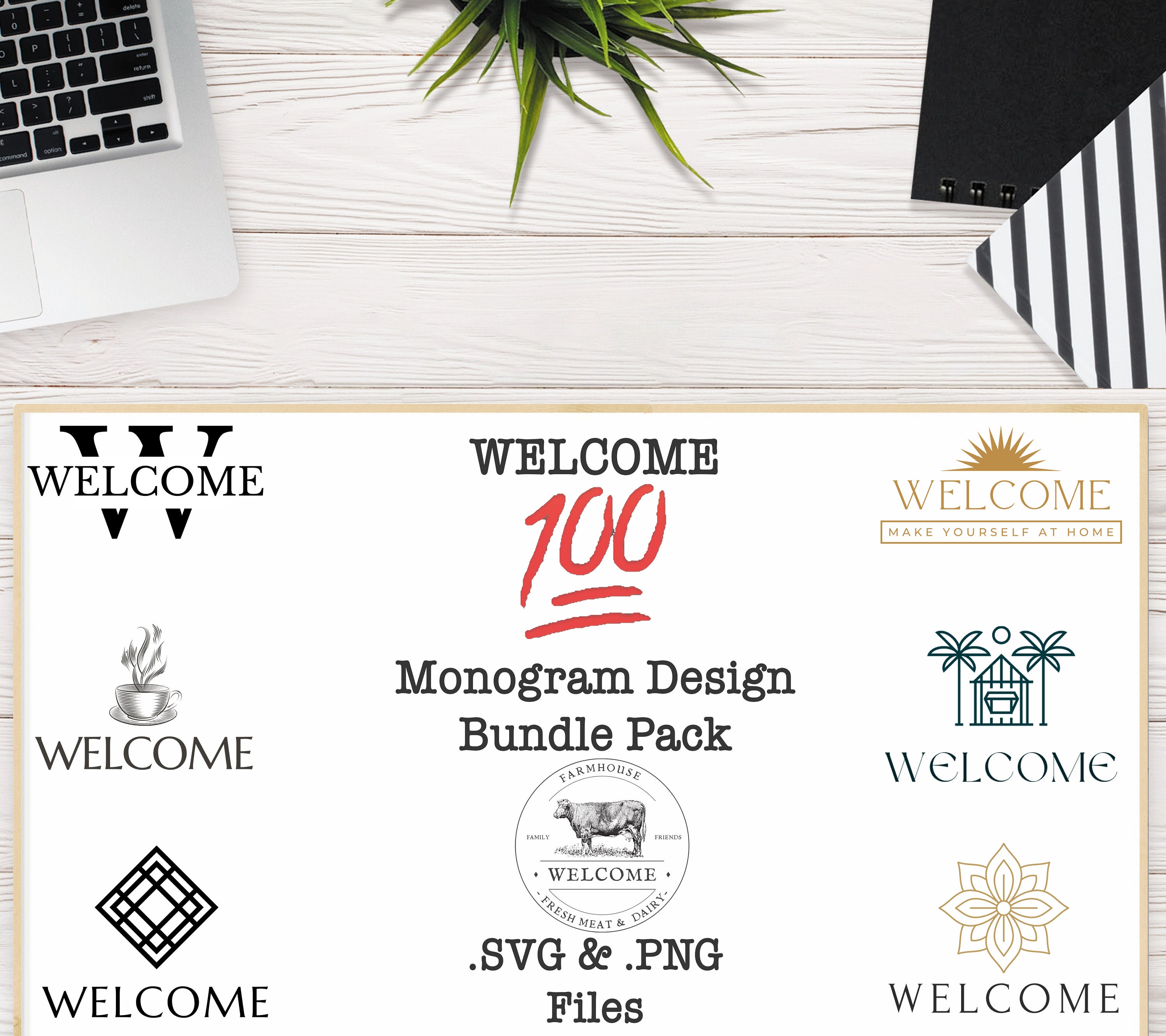 WELCOME Monogram Designs | 100 Variations in .SVG and .PNG File Format ...
