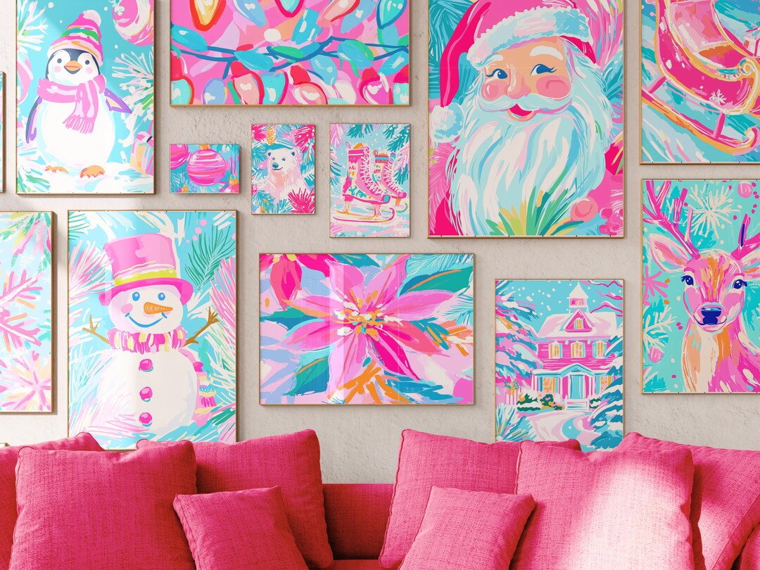 Christmas Wall Art Prints Bundle, Pink and Blue Vibrant Quirky ...