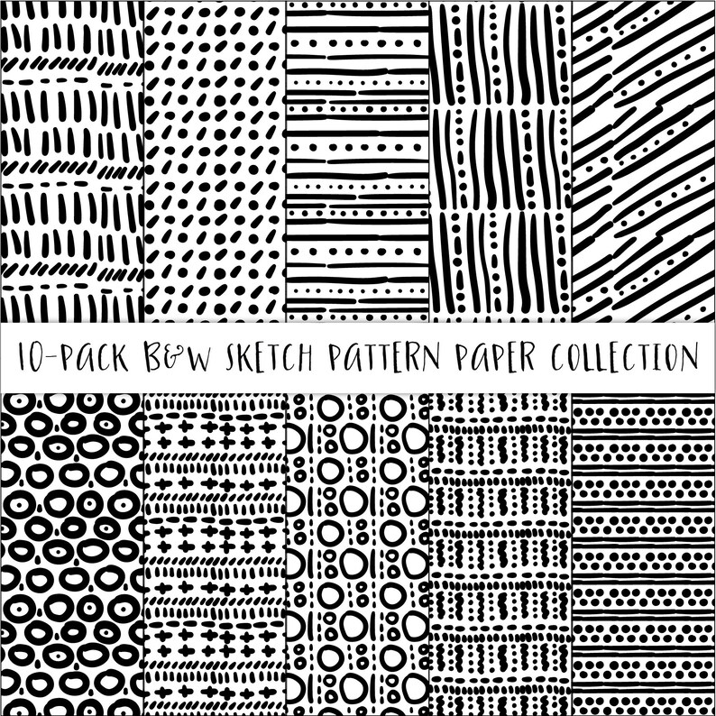 10 B&W Sketch Pattern Digital Paper Collection • Stationery • Scrapbook ...
