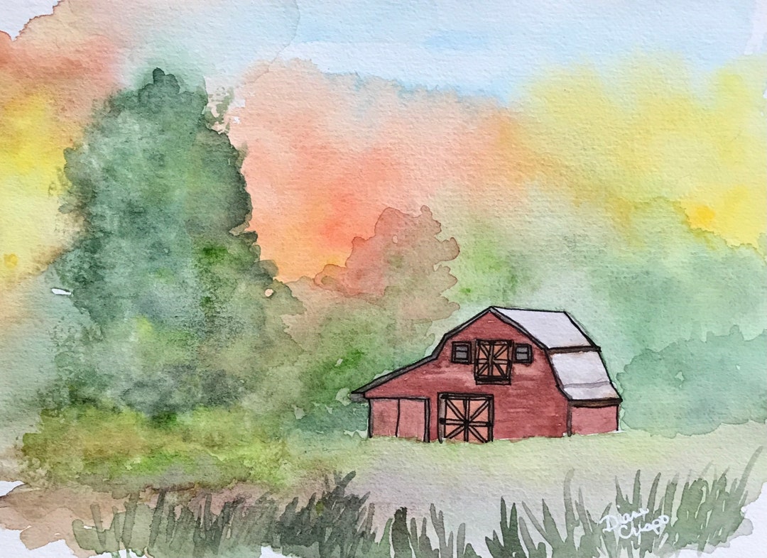 Watercolor-watercolor Painting-barn Painting-fall Painting-autumn Barn ...