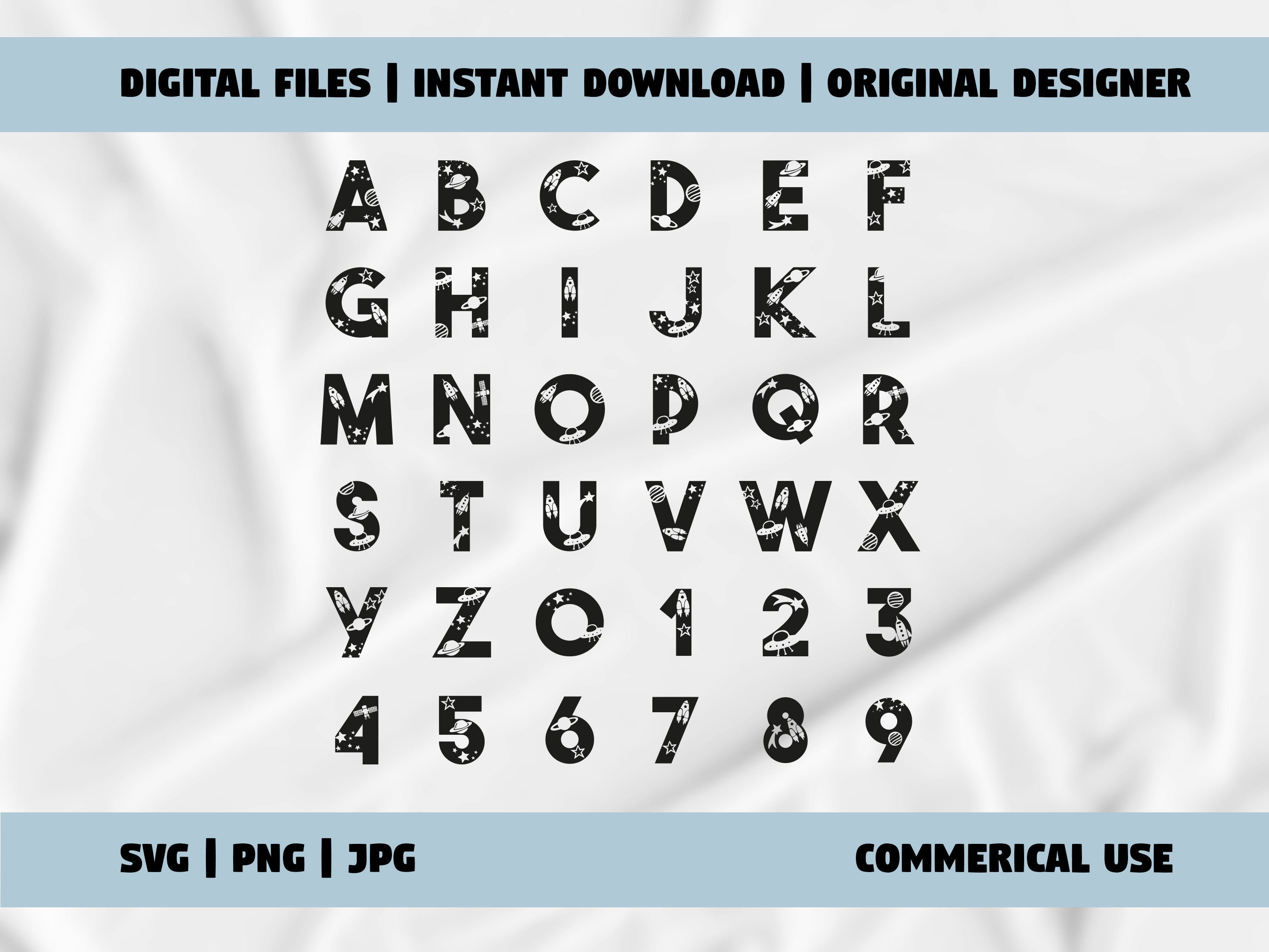 Space Themed SVG Alphabet & Numbers Set, Bold Kids Clothing and ...