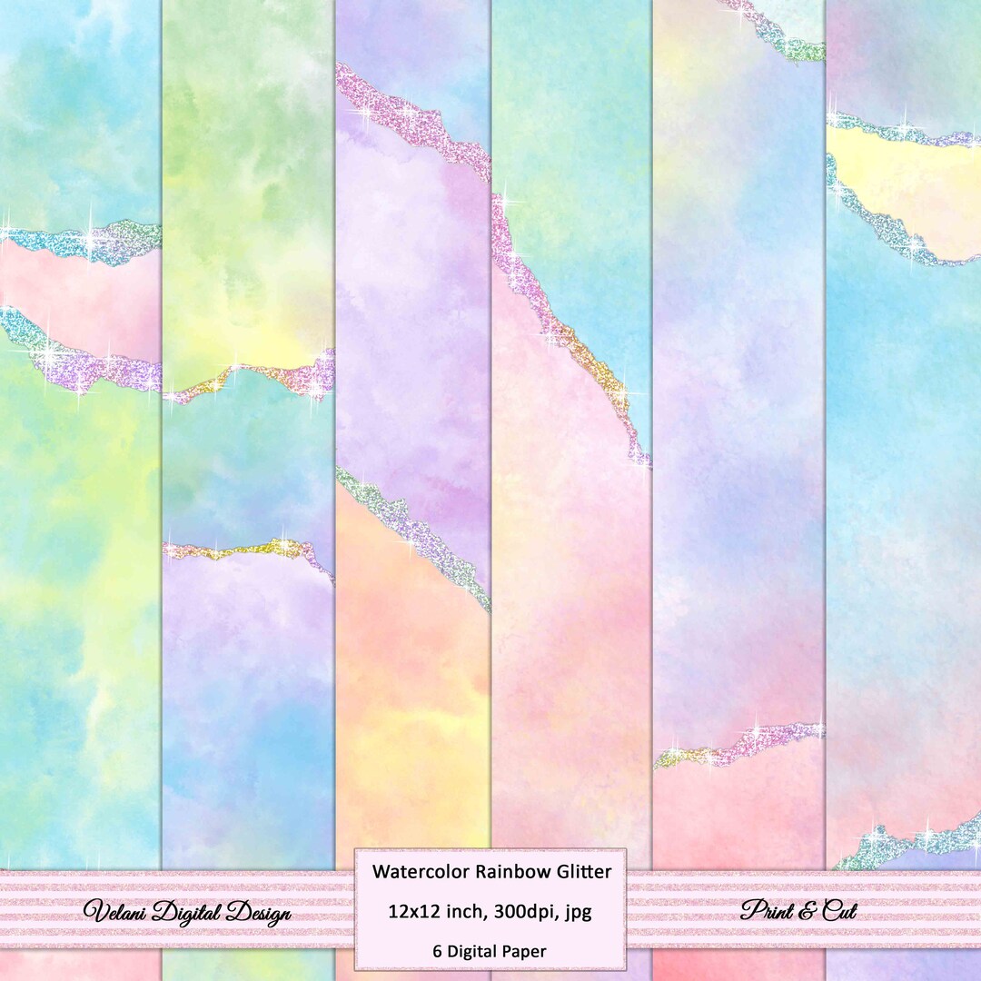 Watercolor Rainbow Glitter Digital Paper, Scrapbook Paper, Junk Journal ...