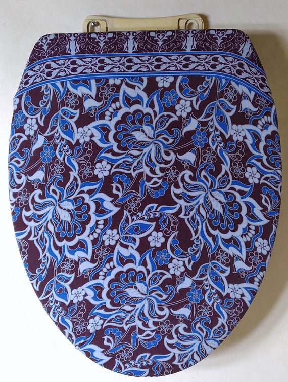 Cloth Toilet Seat Lid Cover. Stretchy fabric. For elongated toilet Blue bathroom remodeling and decorating ideas. designer home decor