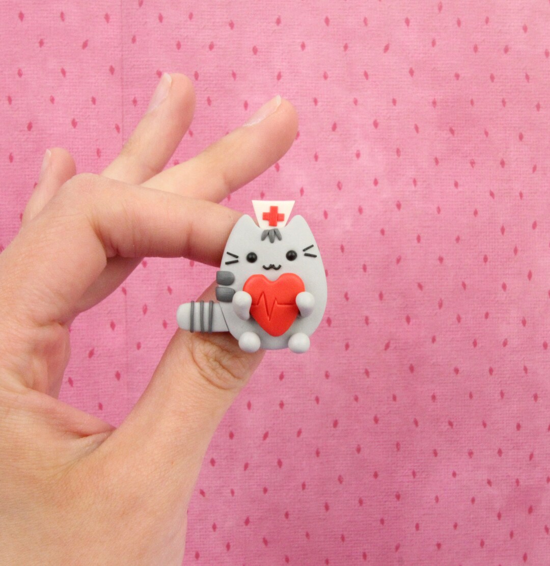 Pusheen With Red Heart Brooch, Gift for Nurse, Funny Doctor Cat Pin ...