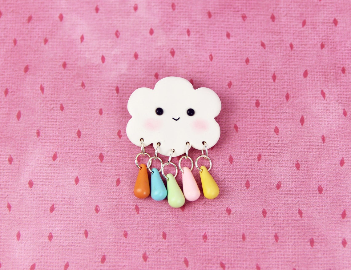 Kawaii Cloud Brooch, Rainy Weather Jewelry, Raindrop Badge, Nature ...