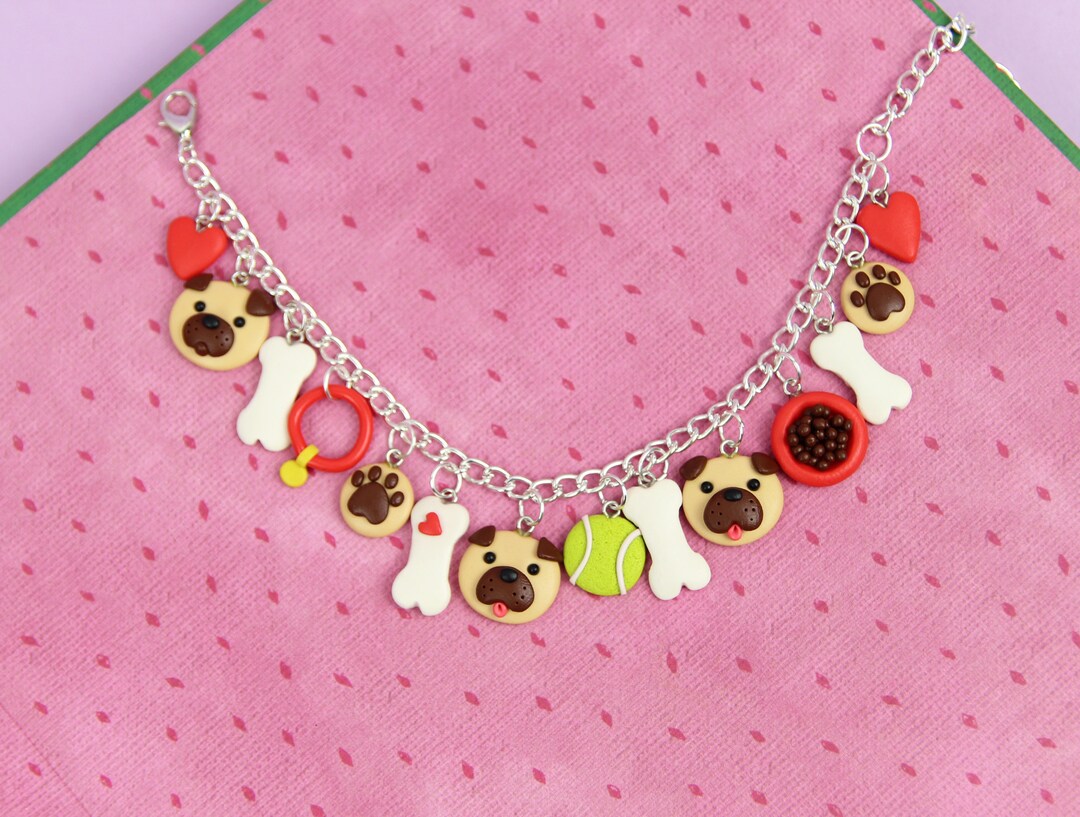 Funny Pug Bracelet, Pug Lover Gift, Dog Jewelry, Bone Charms, Fun ...