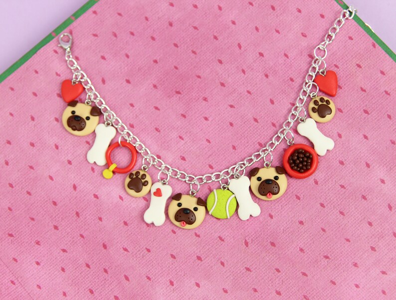 Funny Pug Bracelet, Pug Lover Gift, Dog Jewelry, Bone Charms, Fun ...