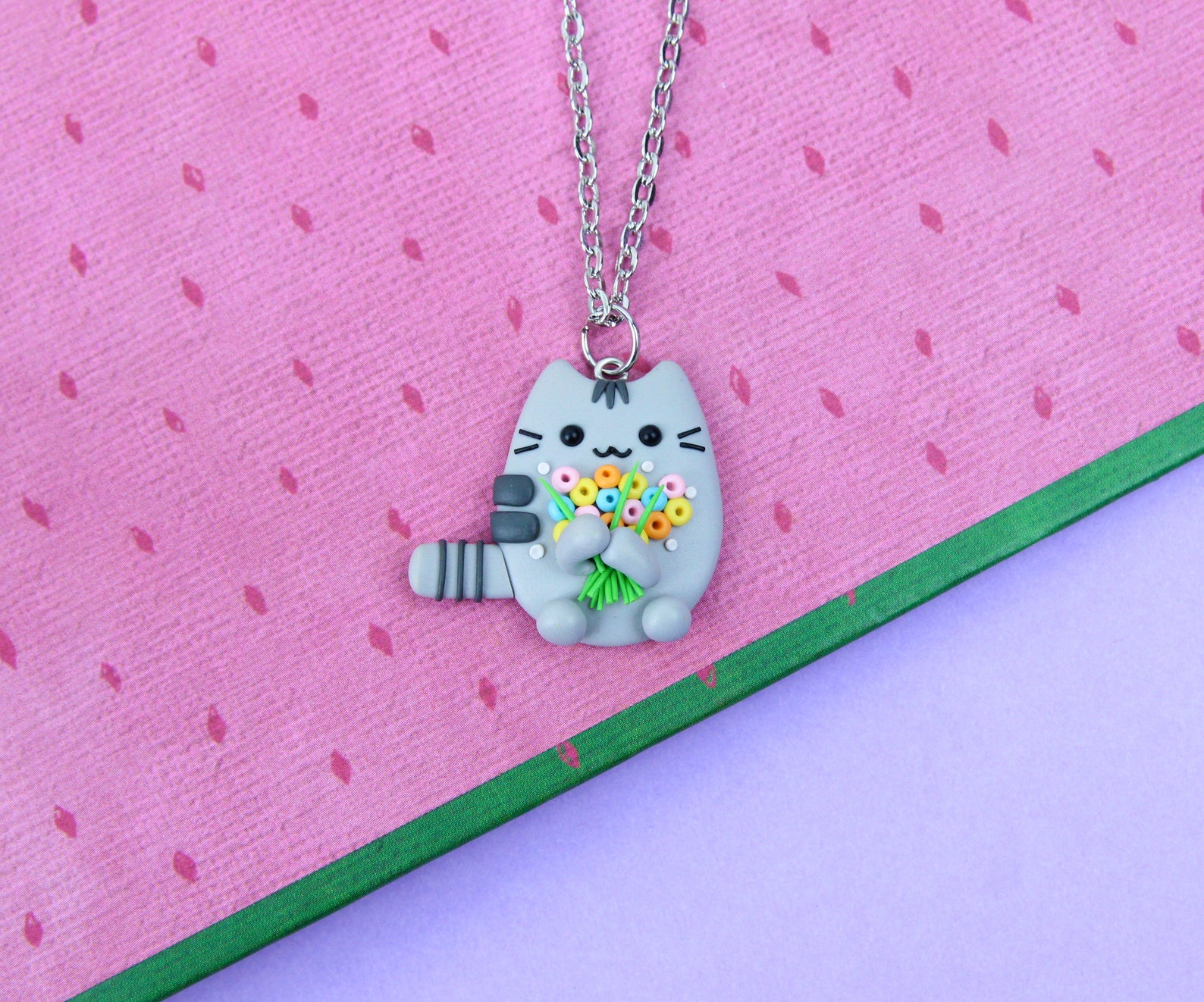Pusheen With Flowers Necklace, Gift for Kids, Spring Flowers Keychain ...